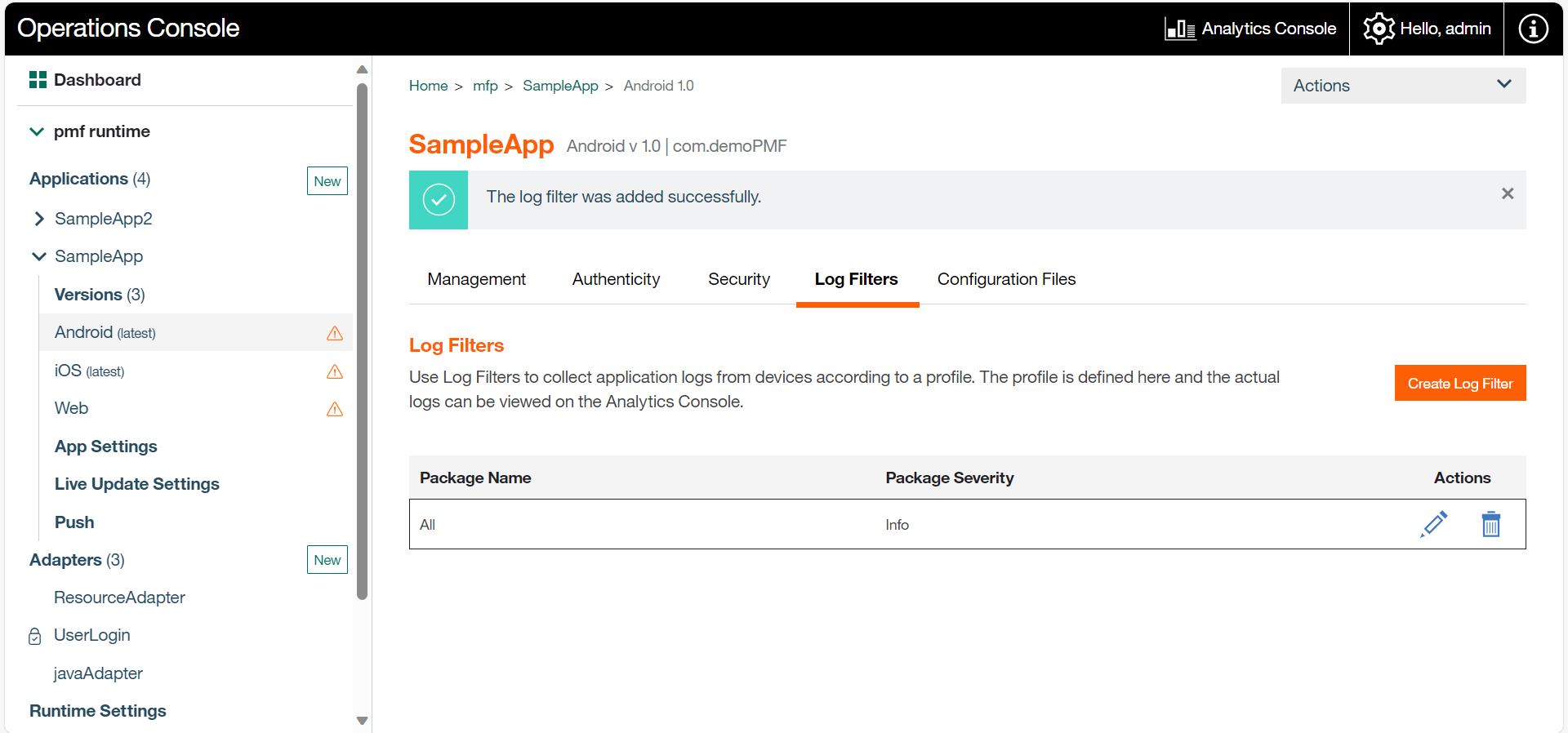 Configuring Log Filters Persistent Mobile Foundation Developer Center